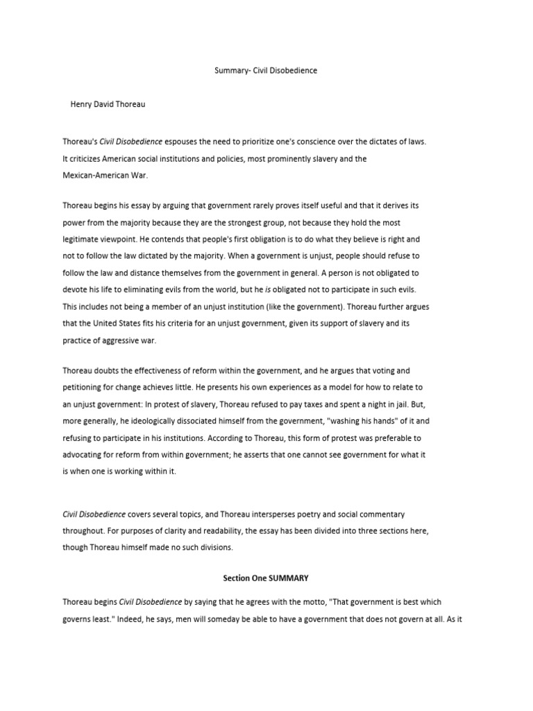 Summary - Civil Disobedience | PDF | Civil Disobedience (Thoreau ...