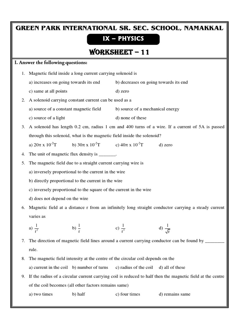 Ix - Physics Worksheet - 11 | PDF | Electromagnetic Induction ...