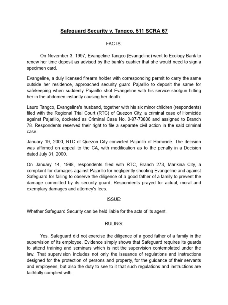Safeguard Security v. Tangco, 511 SCRA 67 (Proof of Employee's Fault ...