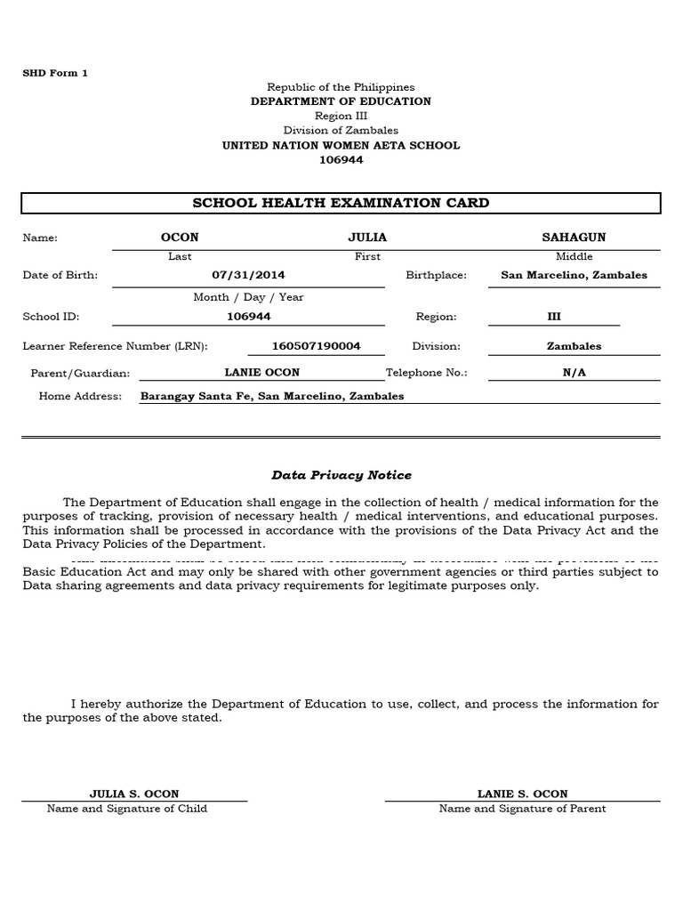 Health Form SHD Form 1 | PDF