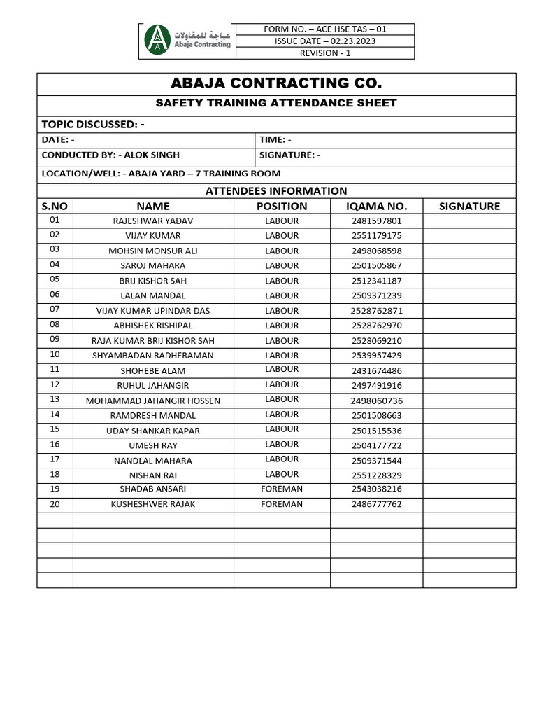 Attendance Sheet - Safety Training | PDF