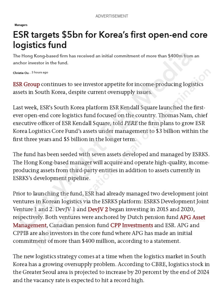 ESR Targets $5bn For Korea's First Open-End Core Logistics Fund | PDF ...