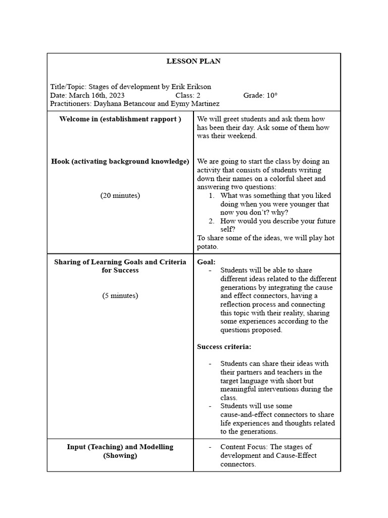Erikson's Development Stages Lesson Plan | PDF | Lesson Plan | Learning