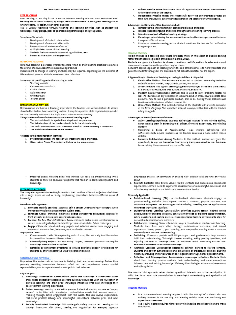 Methods and Approaches in Teaching - Handouts | PDF