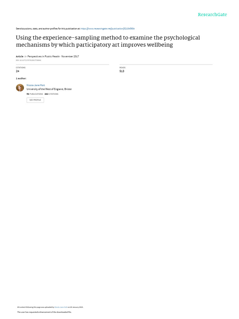 Using ESM To Examine Participatory Art Iimpact On Wellbeing | PDF | Well Being | Flow (Psychology)