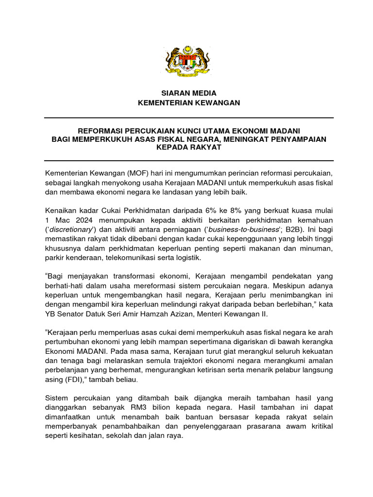 Siaran Media - Cukai Perkhidmatan 28022024 (Final) - 240228 - 175730 | PDF