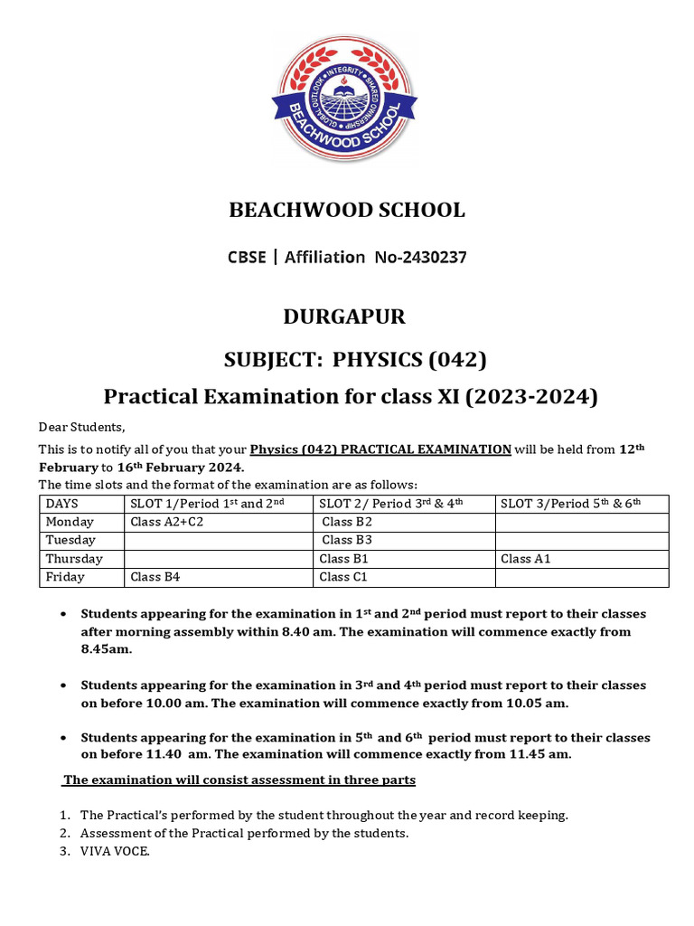 Xi - Physics (042) Practical Final Exam 2023-2024-1 | PDF