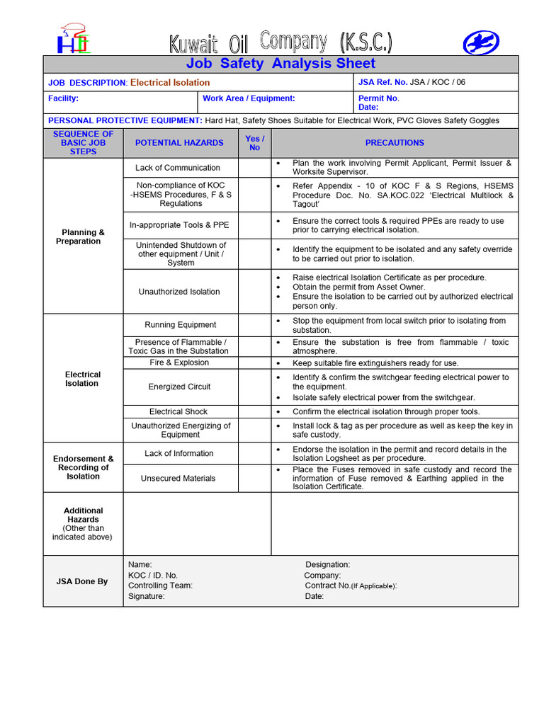 Electrical Isolation Job Safety Analysis | PDF | Personal Protective ...