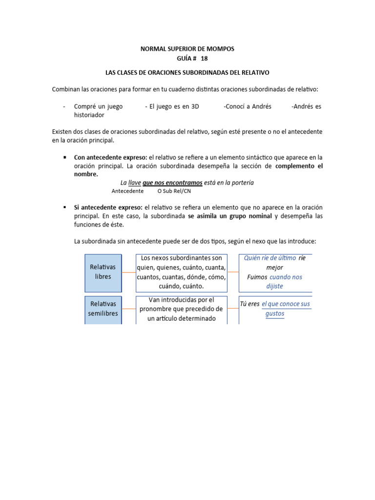 Guía #18 LAS CLASES DE ORACIONES SUBORDINADAS DEL RELATIVO | PDF