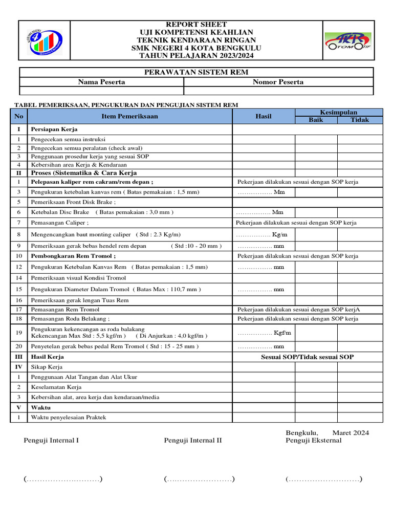 Reportsheet Perawatan Sistem Rem | PDF