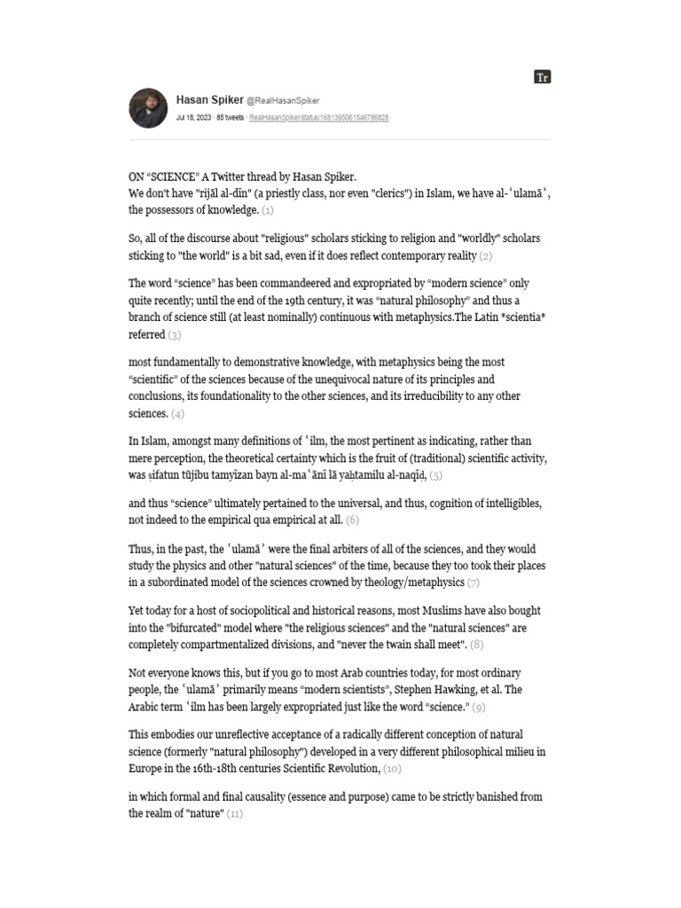 "Science" and "Ulama" by Shaykh Hasan Spiker | PDF | Reality | Science