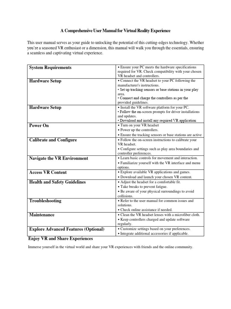 A Comprehensive User Manual For Virtual Reality Experience | PDF | Home ...