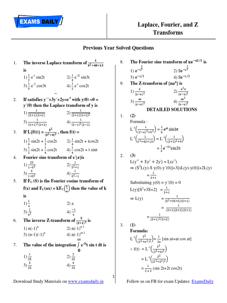 Laplace Fourier and Z Transforms Solved Questions | PDF