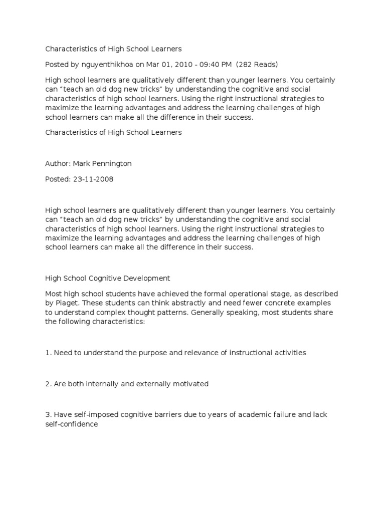 Characteristics of High School Learners | PDF | Goal | Learning