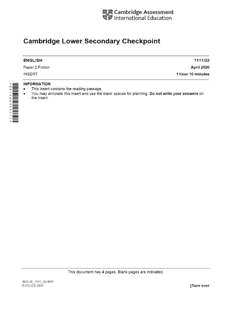 Cambridge Secondary Checkpoint - English (1111) April 2020 Paper 2 Fiction Insert | PDF