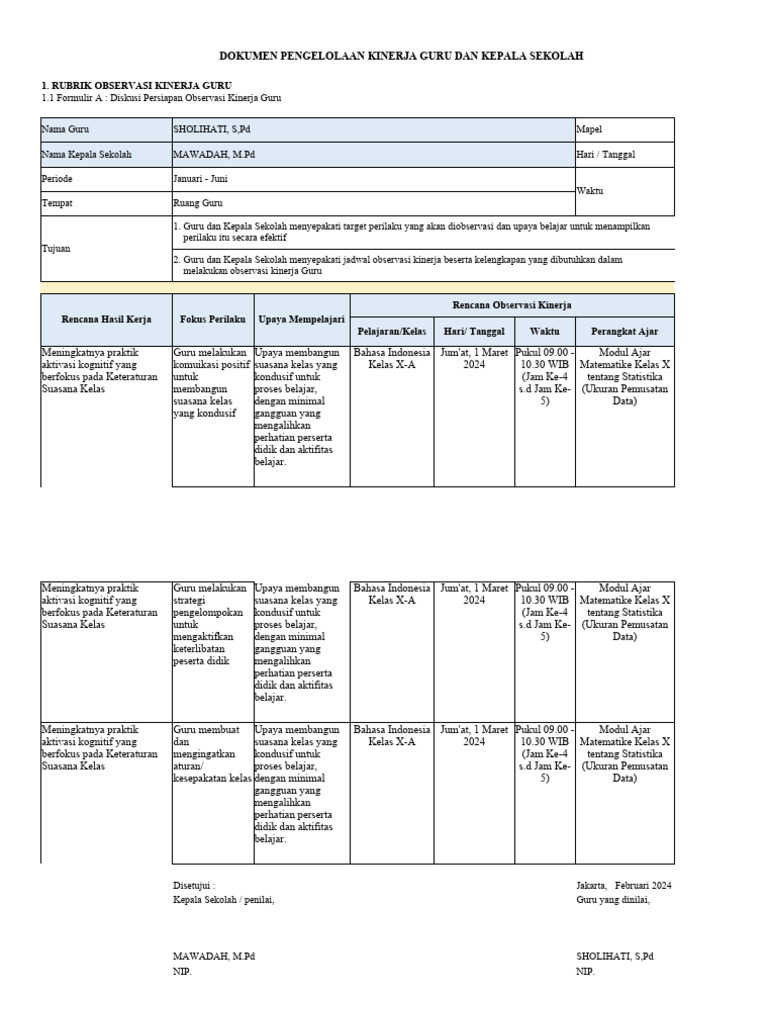 Form Observasi Kinerja Guru (Keteraturan Suasana Kelas) | PDF | Karier ...