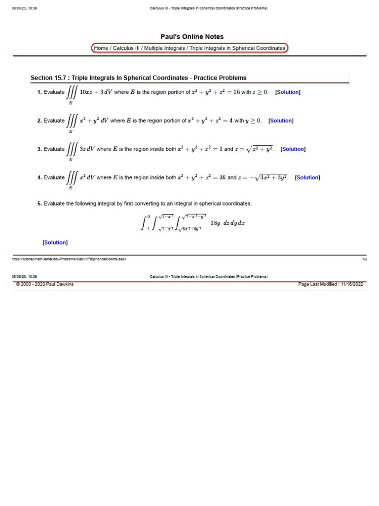 Spherical Coordinates Practice | PDF | Integral | Multivariable Calculus