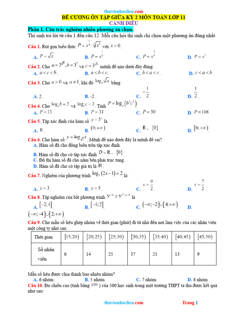De Cuong On Tap Giua HK2 Toan 11 Canh Dieu | PDF