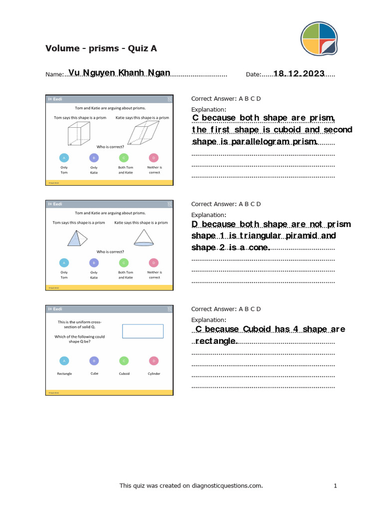 Volume - Prisms - Quiz A | PDF | Teaching Methods & Materials | Technology & Engineering