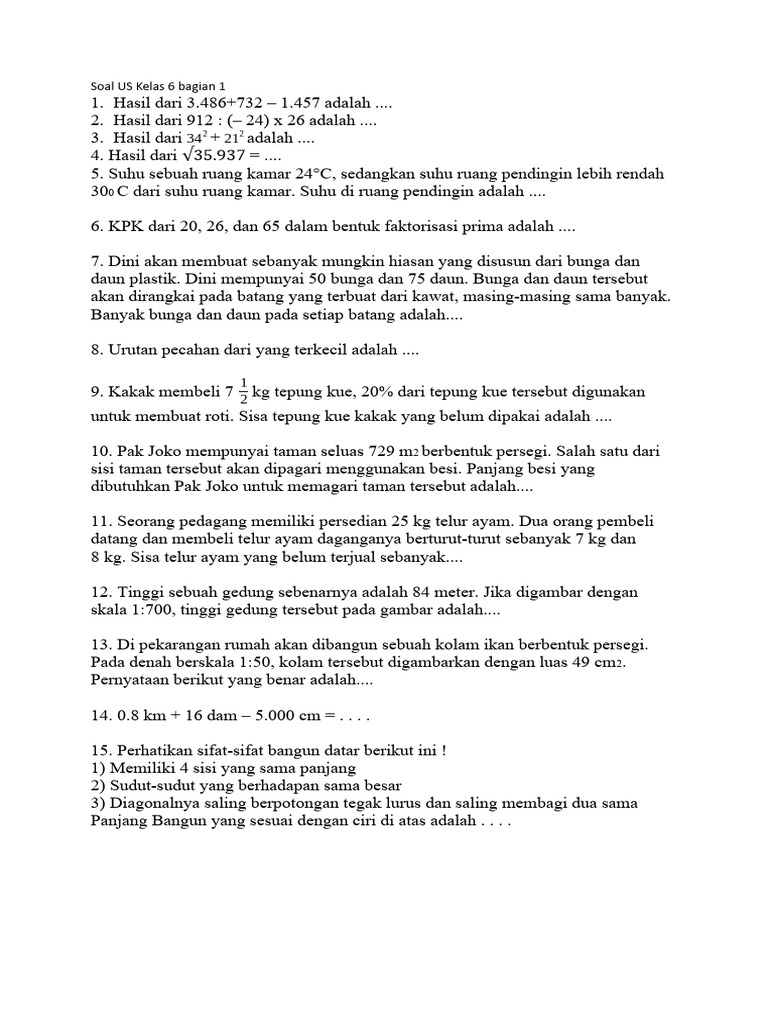 Soal US Kelas 6 Bagian 1 | PDF