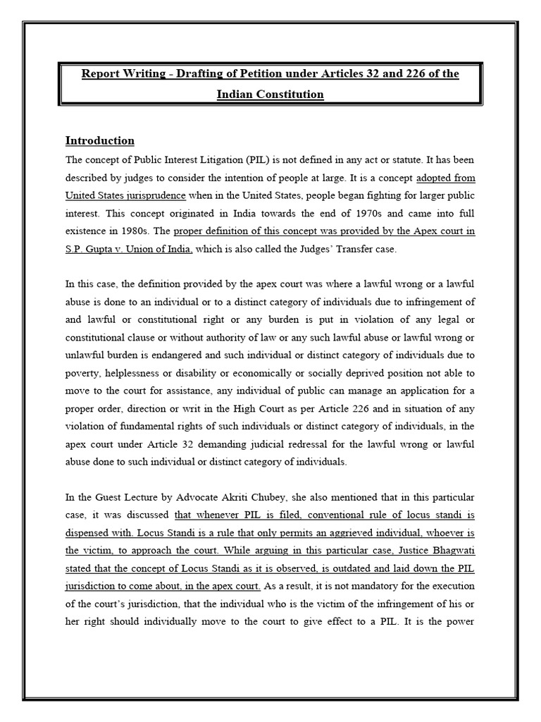 Report Writing On Drafting of Petition Under Articles 32 and 226 of The Indian Constitution | PDF