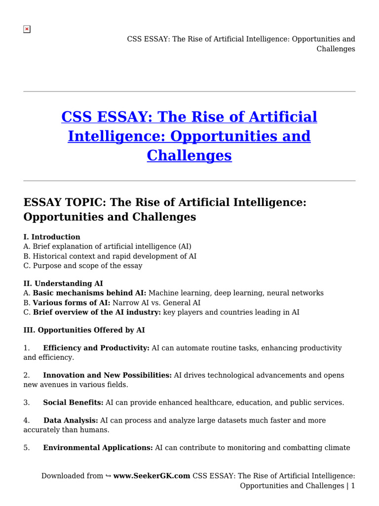 CSS ESSAY - The Rise of Artificial Intelligence - Opportunities and Challenges | PDF ...
