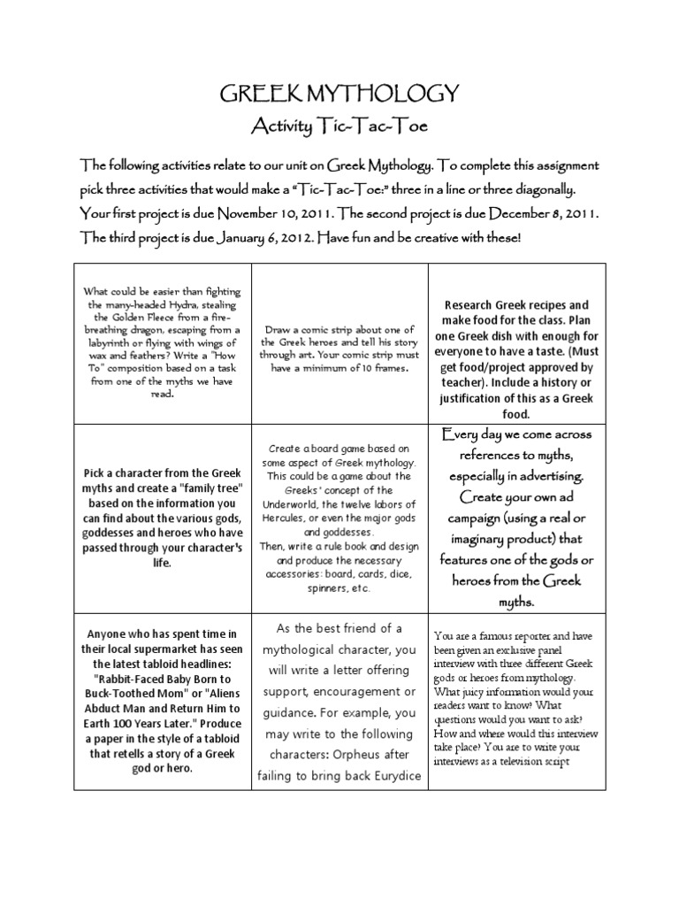 Ancient Adventures: A Tic-Tac-Toe of Greek Mythology Activities | PDF ...