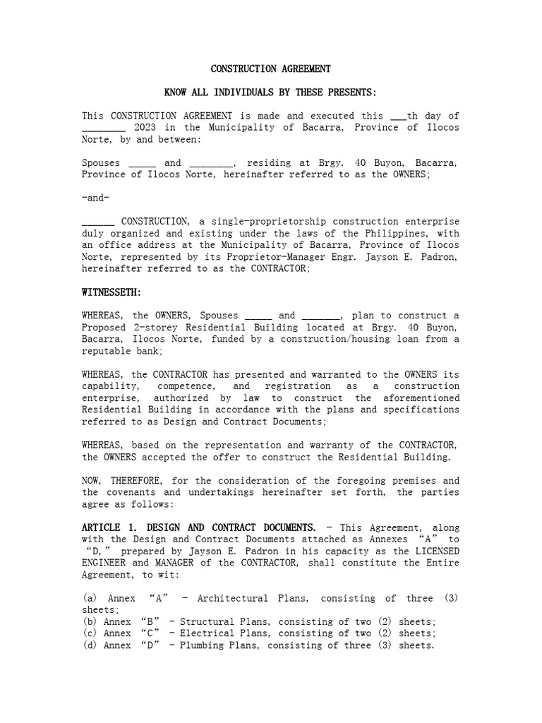 Construction Agreement for Residential Project | PDF | Law