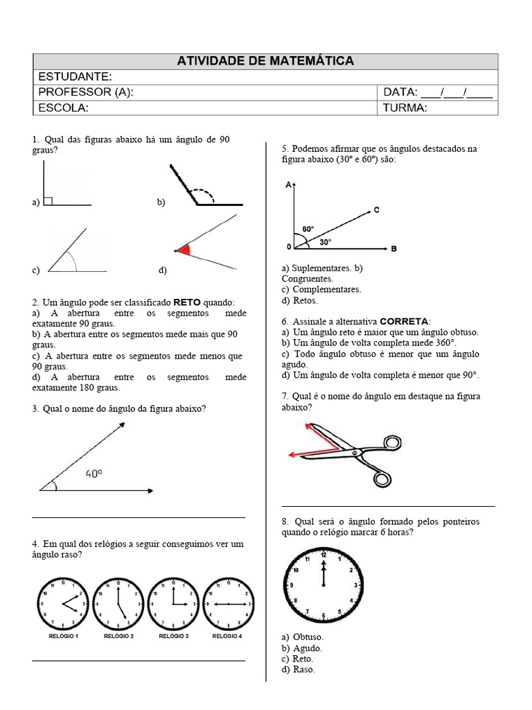 Atividade Matemática - Ângulos | PDF