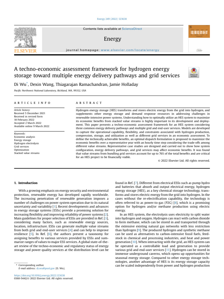 A Techno-Economic Assessment Framework For Hydrogen Energy Storage Toward Multiple Energy ...