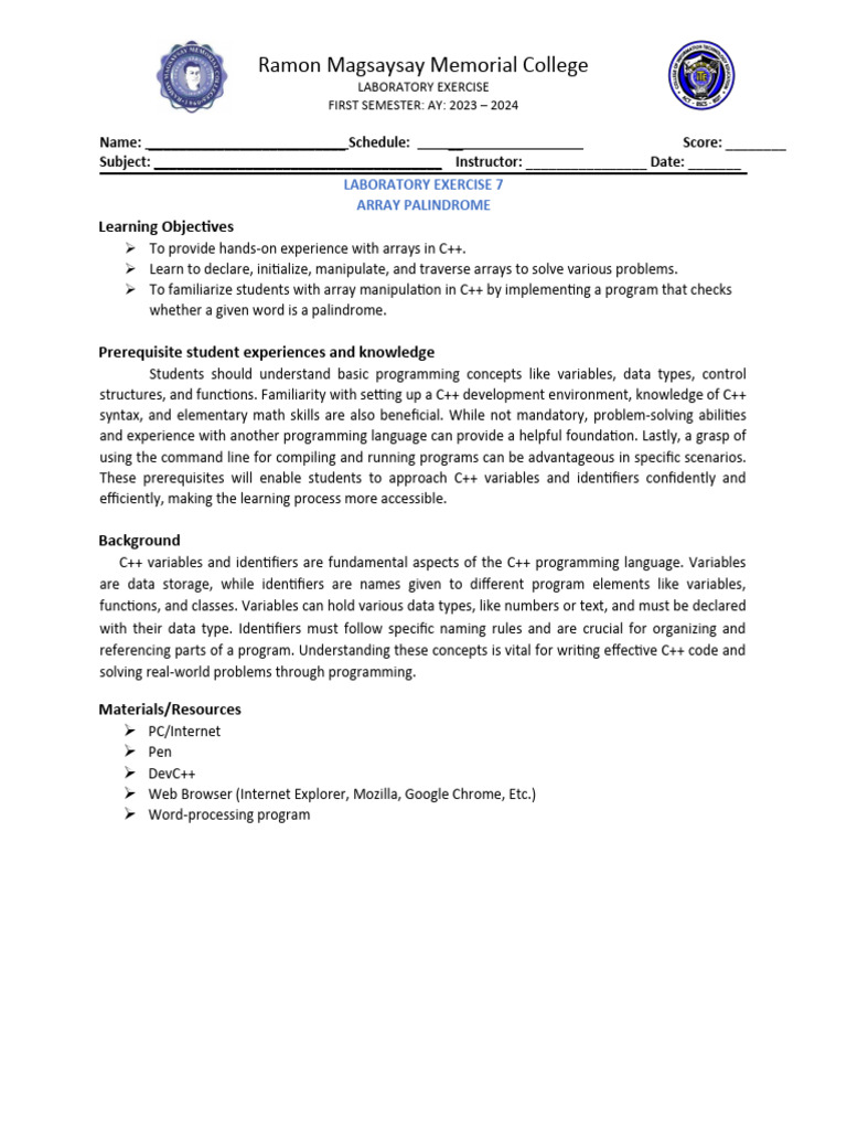 Laboratory Exercise 7 Array Palindrome Pdf