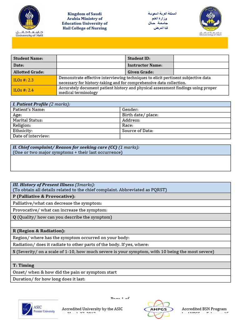 I. Patient Profile (2 Marks) :: Student Name: Student ID: Date ...