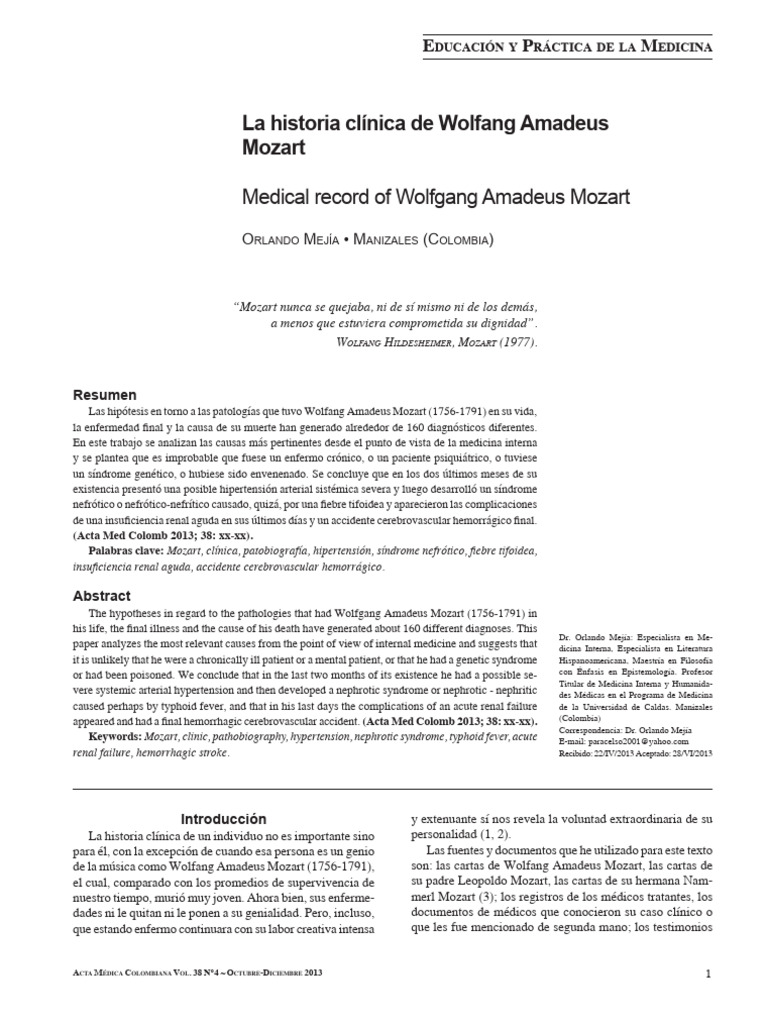 La Historia Clinica de Wolfang Amadeus Mozart. Pdf. Revista Acta Medica ...