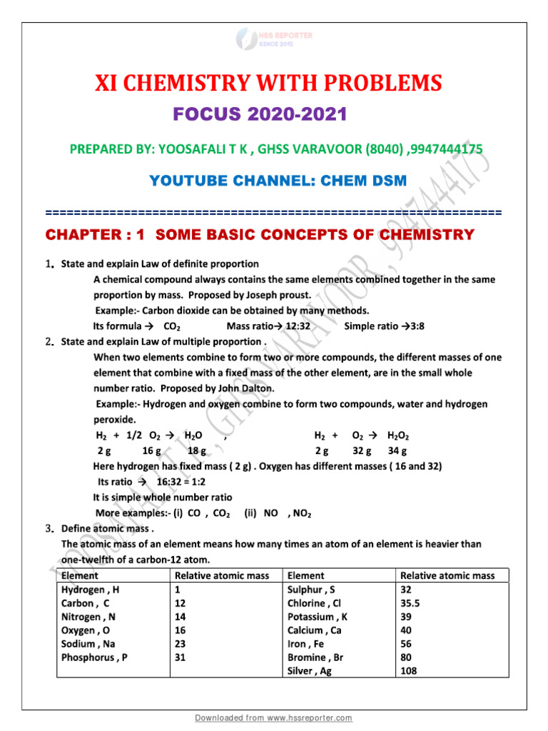 Hssrptr_xi Chemistry With Problems Focus 2020-21 by Yoosafali | PDF