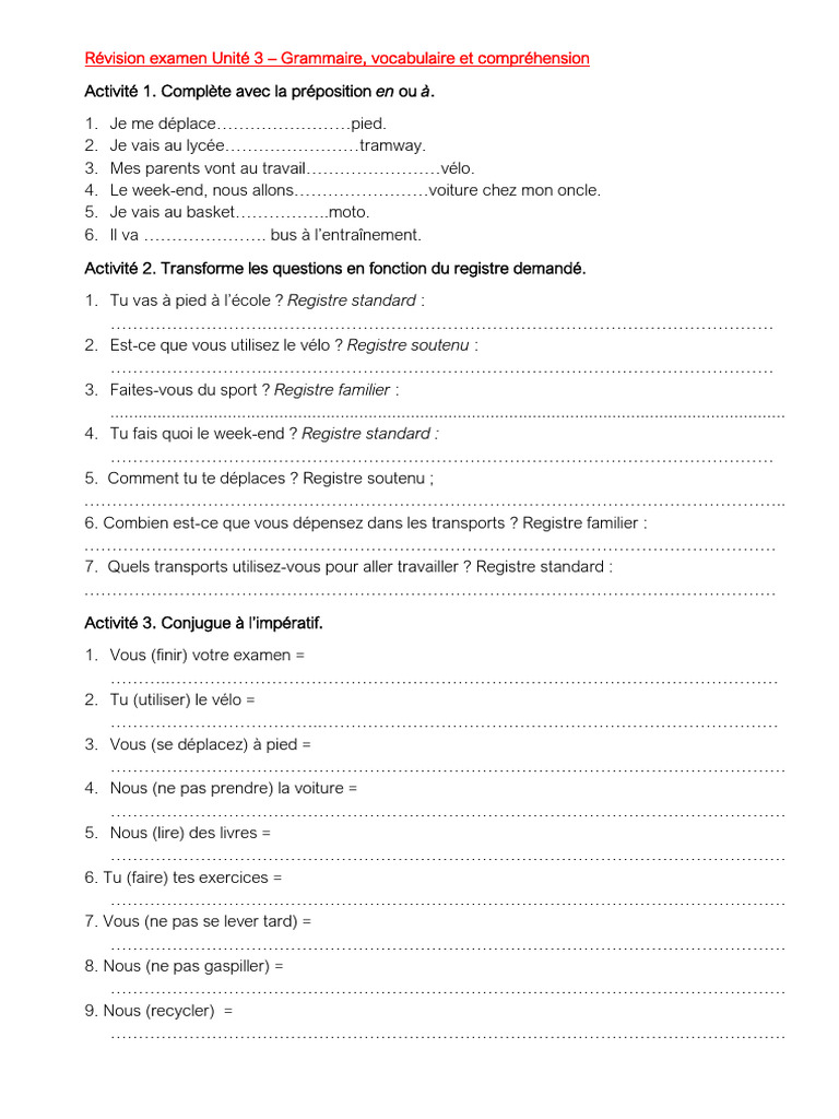 Révision Grammaire et Vocabulaire 6ème | PDF | Écomobilité | Changement ...