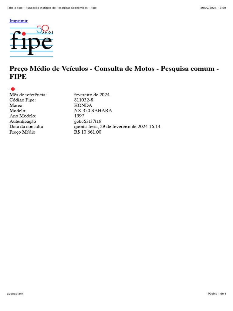 Tabela Fipe - Fundação Instituto de Pesquisas Econômicas - Fipe | PDF