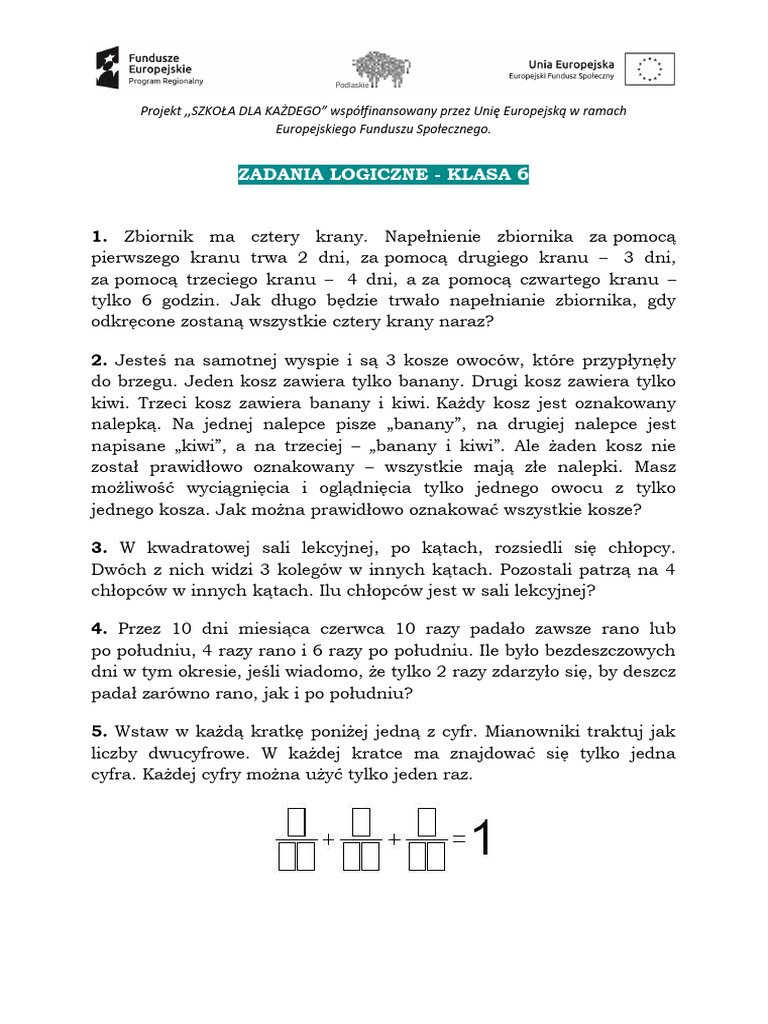 Karta Pracy Zadania Logiczne Klasa 6 | PDF