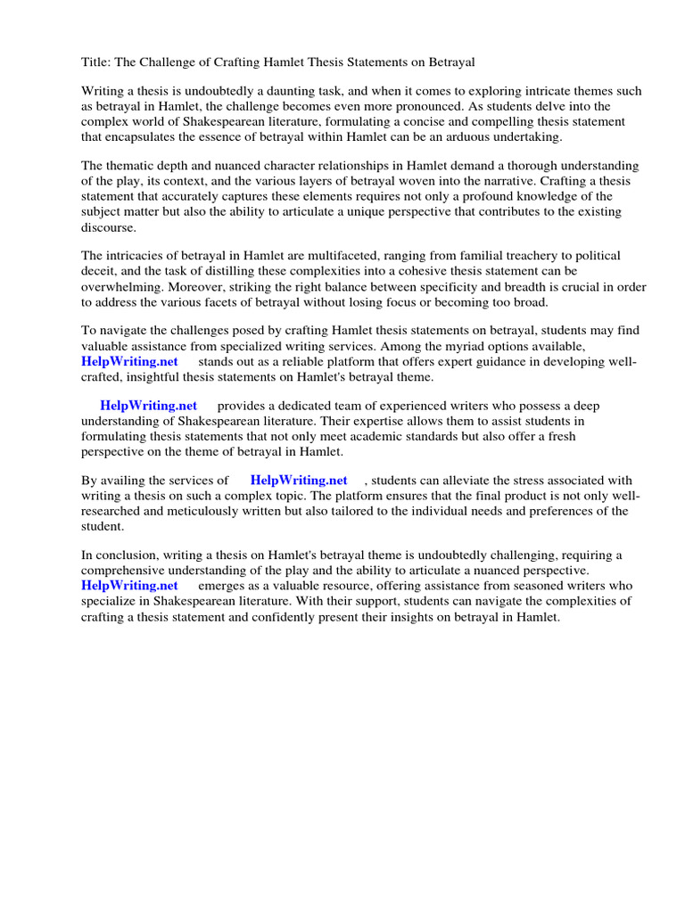 Hamlet Thesis Statements On Betrayal | PDF