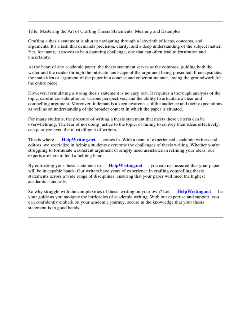 Thesis Statement Meaning Example | PDF