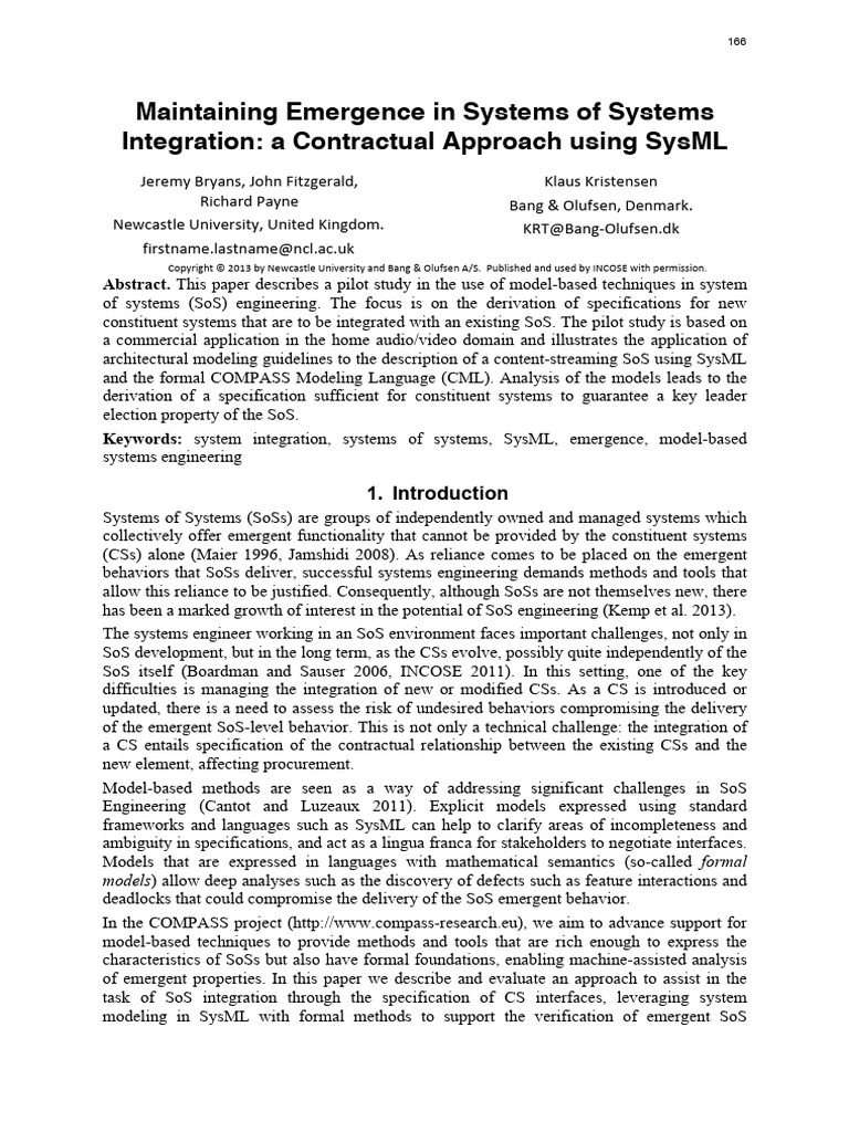 Maintaining Emergence In Systems Of Systems Integration A Contractual Approach Using Sysml Pdf