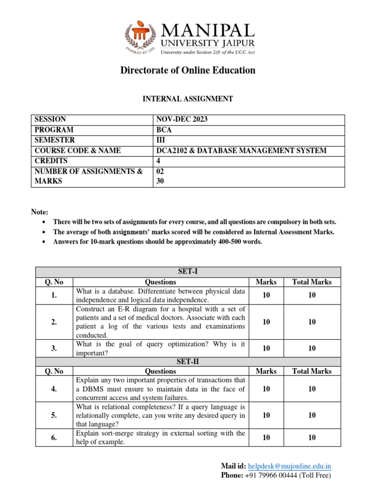 IA - DCA2102 - DBMS - Set 1 and 2 - Dec2023 | PDF | Databases | Information Science