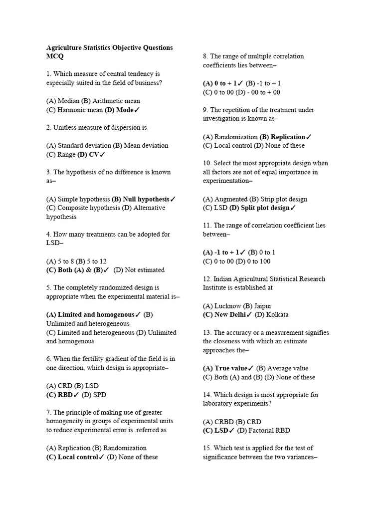 Agriculture Statistics Objective Questions MCQ | PDF | Mean | Statistics