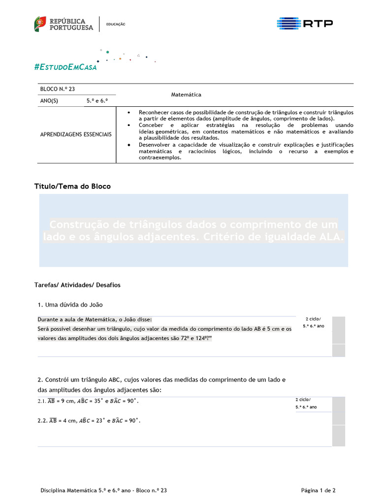 Construção de Triângulos: Critério ALA | PDF | Triângulo | Matemática