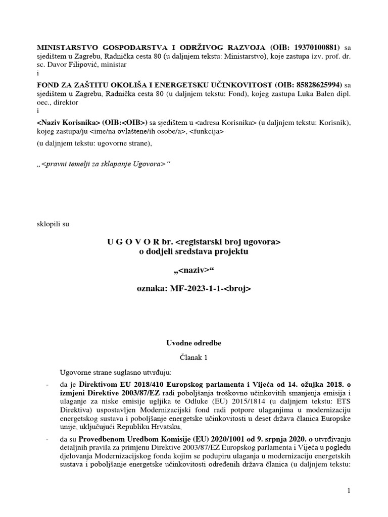 Prilog 2. Nacrt Ugovora MF Poziv OIE | PDF