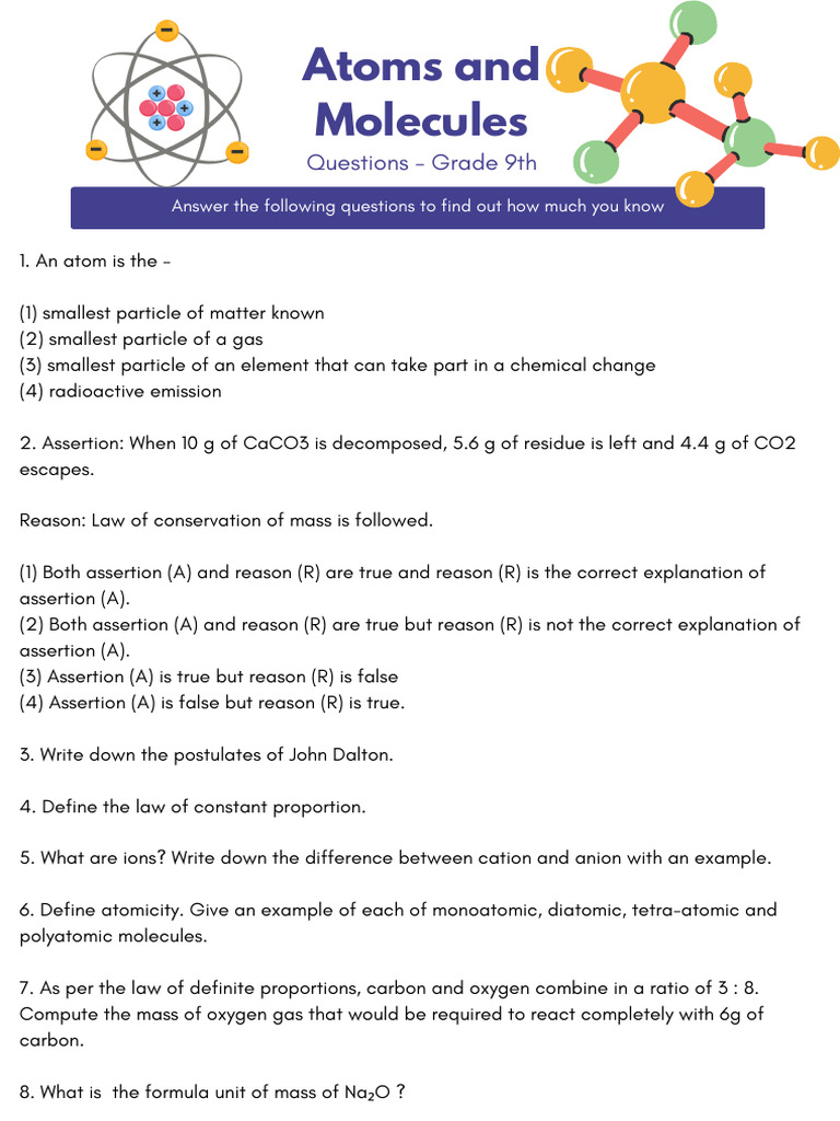 Atoms and Molecules - Grade 9th - Questions | PDF | Molecules ...