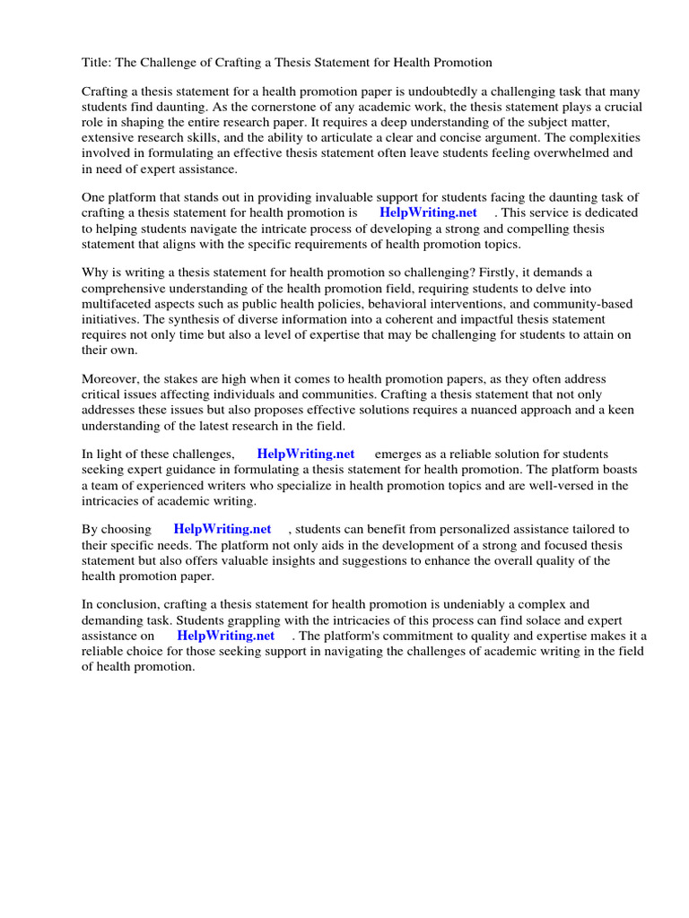 Thesis Statement For Health Promotion | PDF