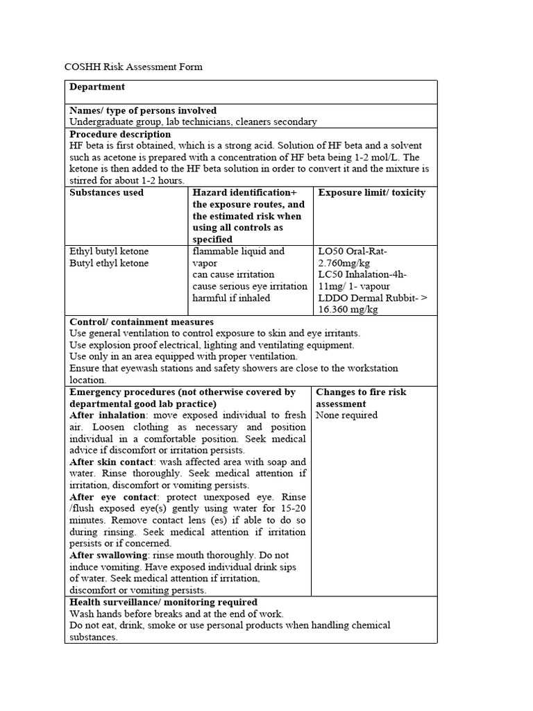 COSHH Form - Acetone | PDF | Science & Mathematics