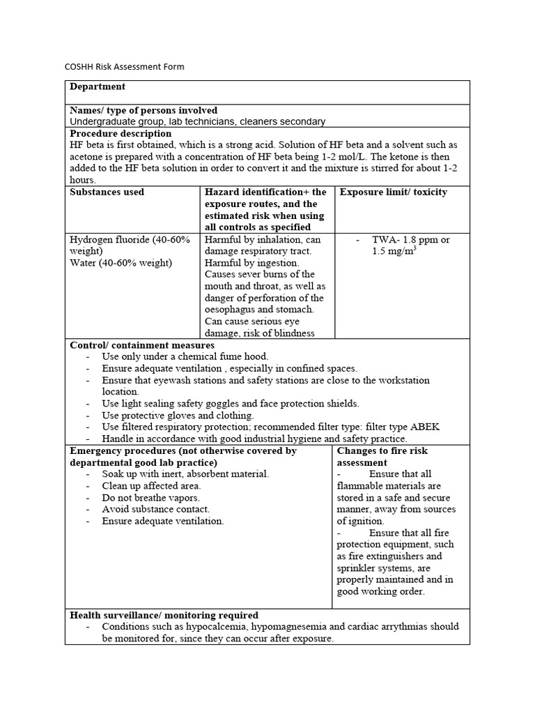 COSHH Form - HF | PDF