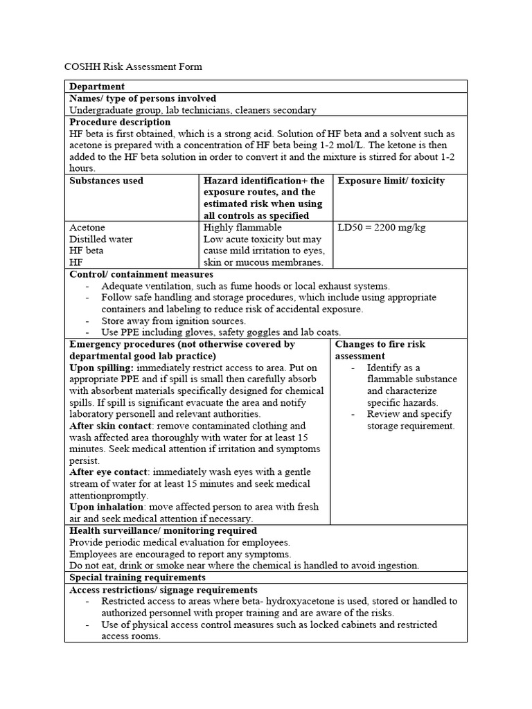 COSHH Form - Betahydroxyacetone | PDF