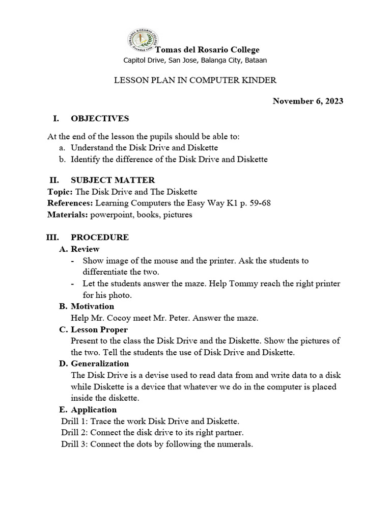 Lesson Plan: Disk Drive vs. Diskette | PDF